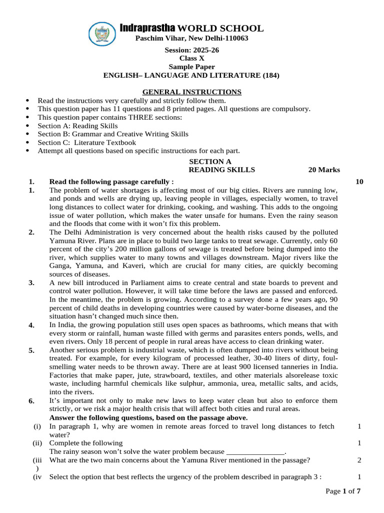 Class X English Sample Paper 2025-26 | PDF | Deforestation | Climate ...