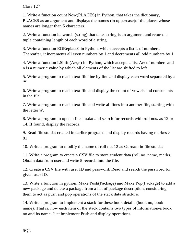 Class 12 Cs Practical Program List 2024-25 (1) | PDF | Databases | Password