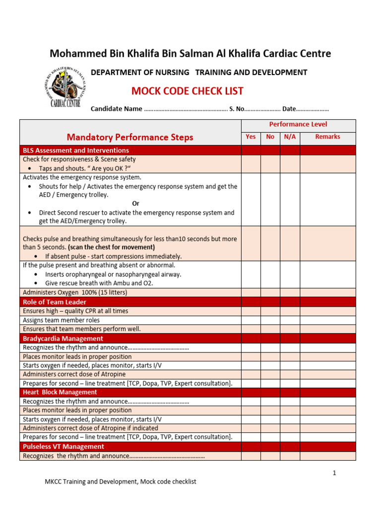 Mock Code Check List | PDF | Cardiopulmonary Resuscitation | Cardiac Arrest