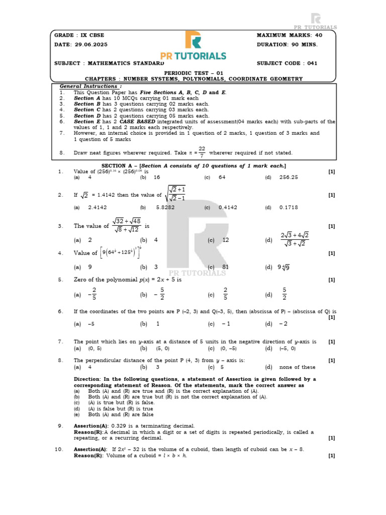 IX Mathematics Test Paper Overview | PDF | Cartesian Coordinate System ...