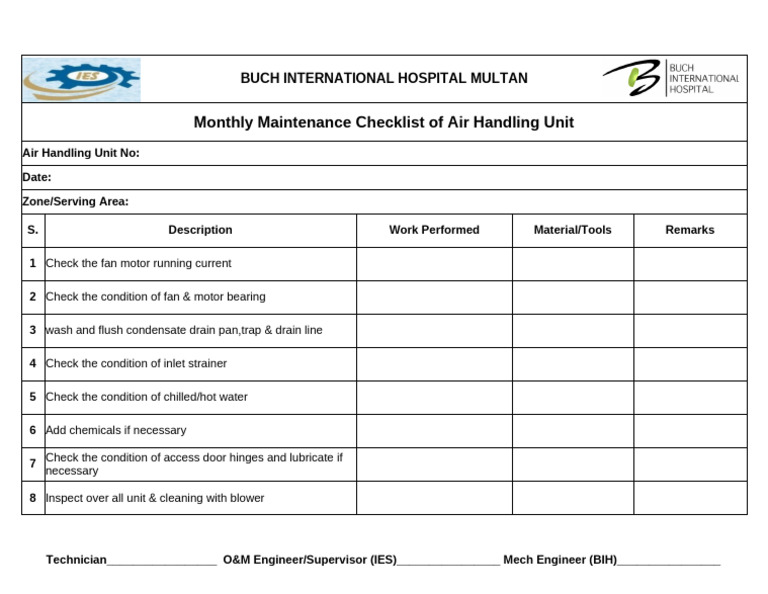 BIH-AHU Monthly Checklist | PDF