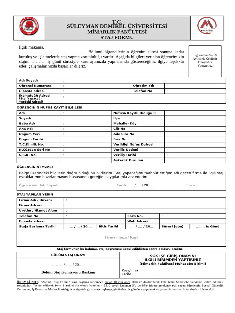 Staj Formu Sigorta Icin 19032025 | PDF
