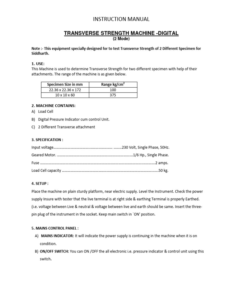 Transverse Strength Machine Manual | PDF | Electronics | Electric Power