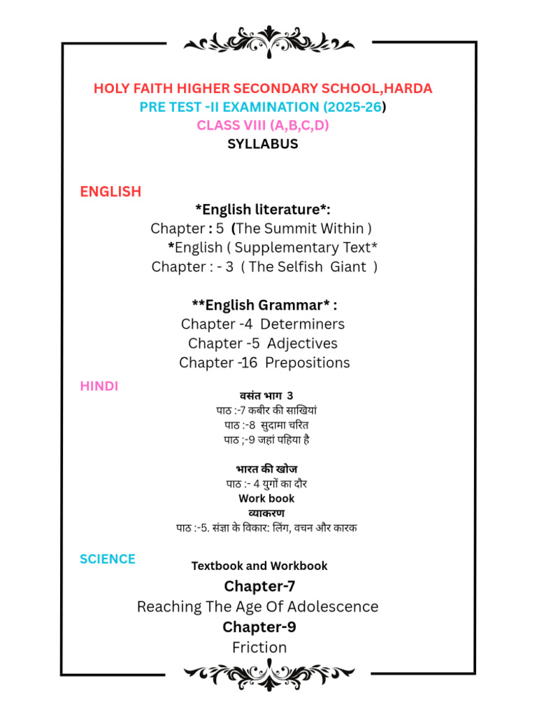 Pre Test - II Examination Class VIII | PDF