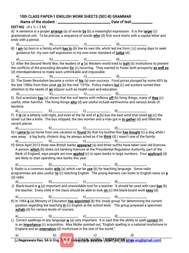 10th Grade English Grammar Worksheets | PDF | Learning | Human ...
