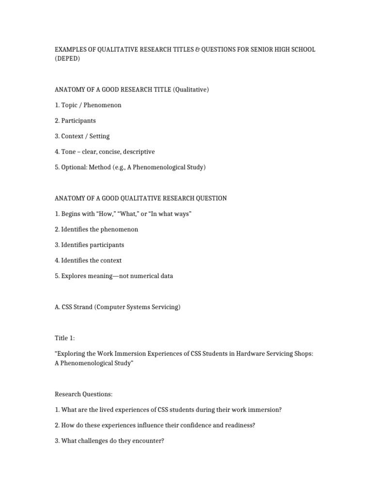 Qualitative Research Titles and Questions | PDF