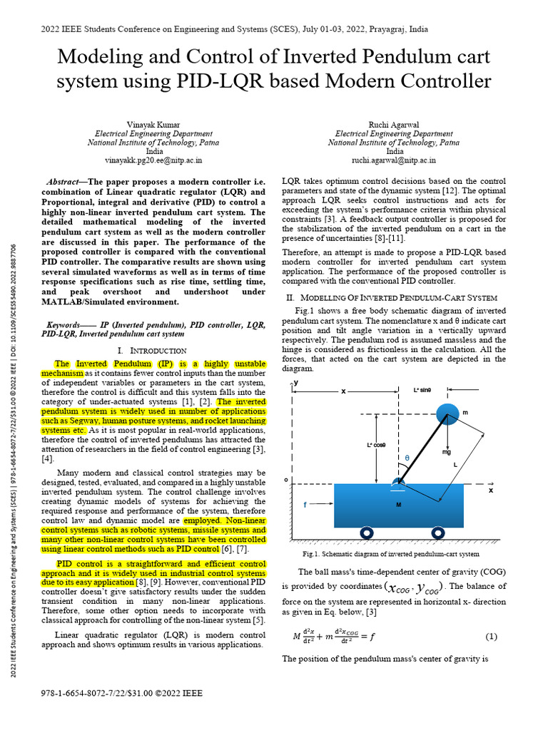 Modeling and Control of Inverted Pendulum Cart System Using PID-LQR Controller | PDF | Control ...