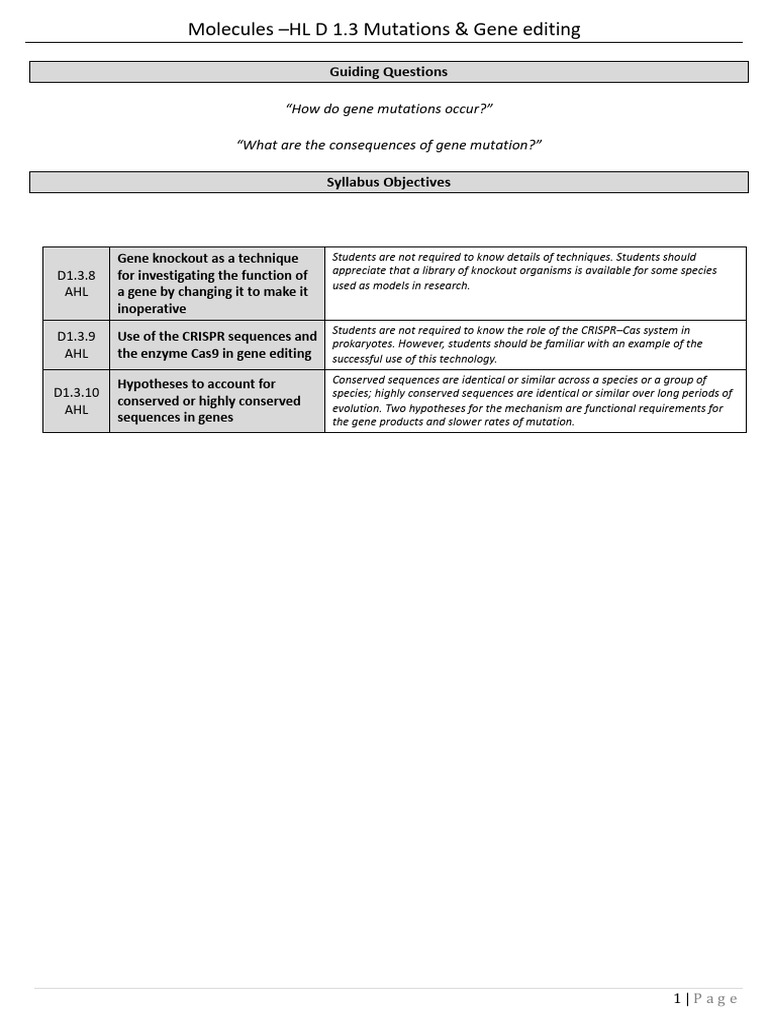 D 1.3 HL Mutations and Gene Editing - Student Notes | PDF | Crispr ...