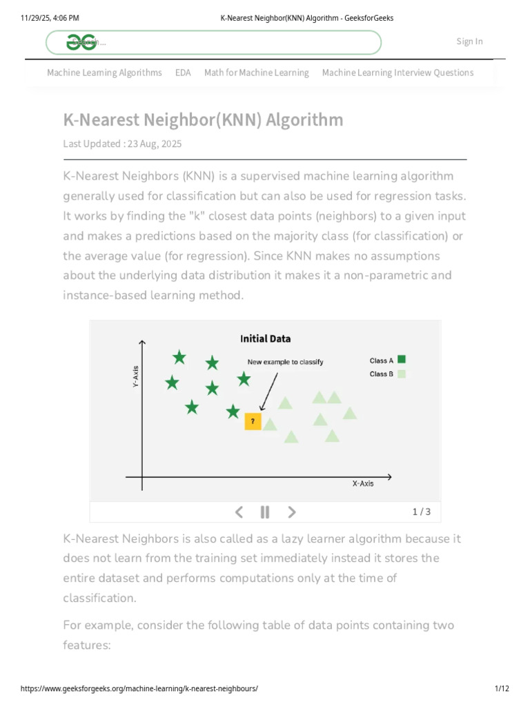 K-Nearest Neighbor(KNN) Algorithm - GeeksforGeeks | PDF | Applied ...