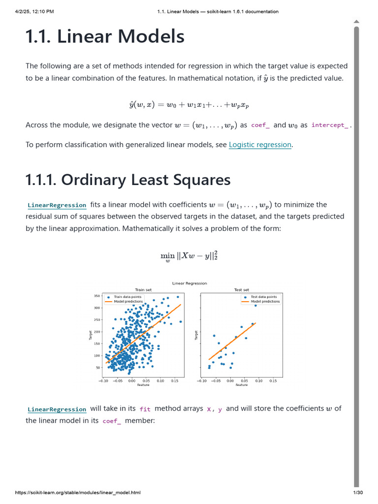 1.1. Linear Models — Scikit-learn 1.6.1 Documentation | PDF | Least Squares | Linear Regression