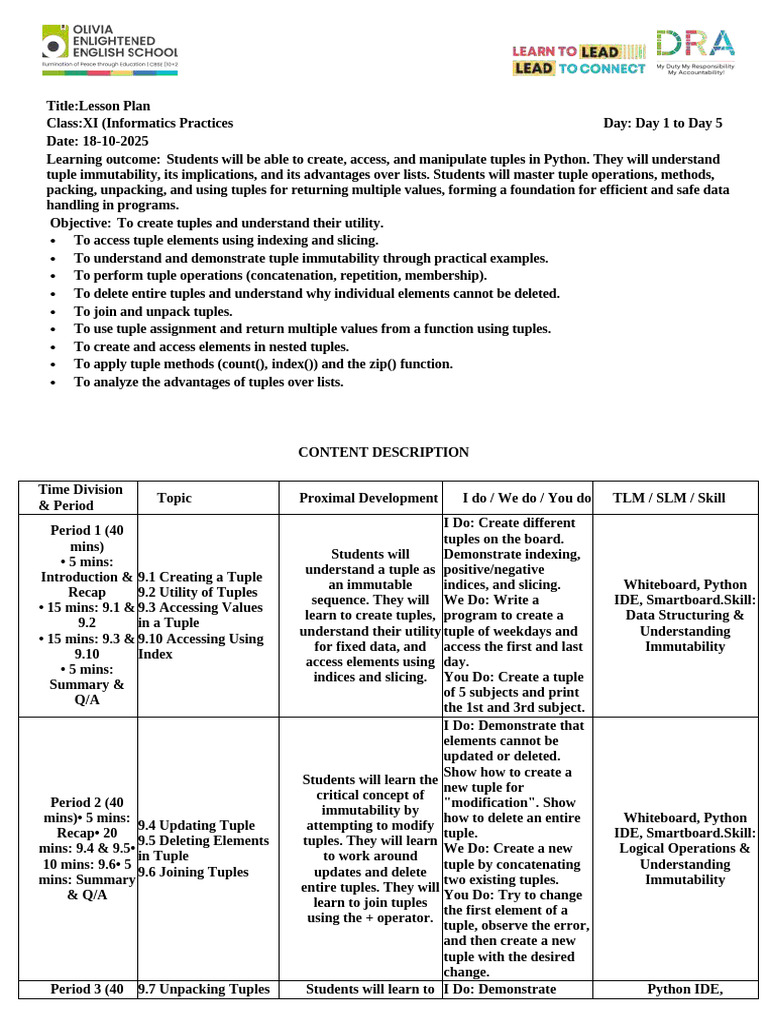 Python Tuple Lesson Plan for XI | PDF | Computer Programming | Computing