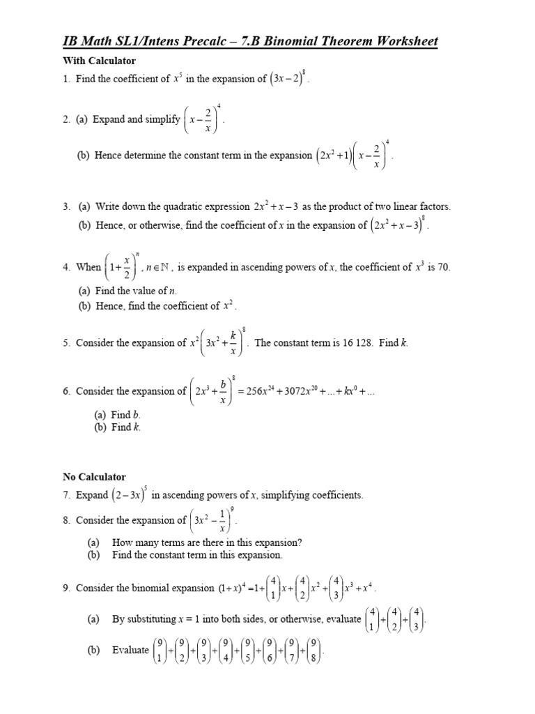 IB Math SL Binomial Theorem Worksheet | PDF | Algebra | Mathematics