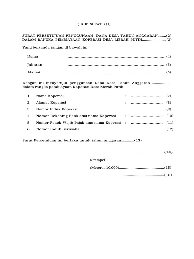 Format Surat Persetujuan Penggunaan Dana Desa (Kepala Desa) (1) | PDF