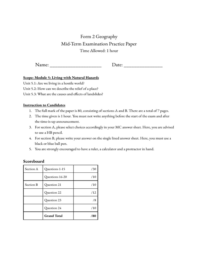 Geography Mid-Term Exam Practice Paper | PDF | Landslide | Earth Sciences