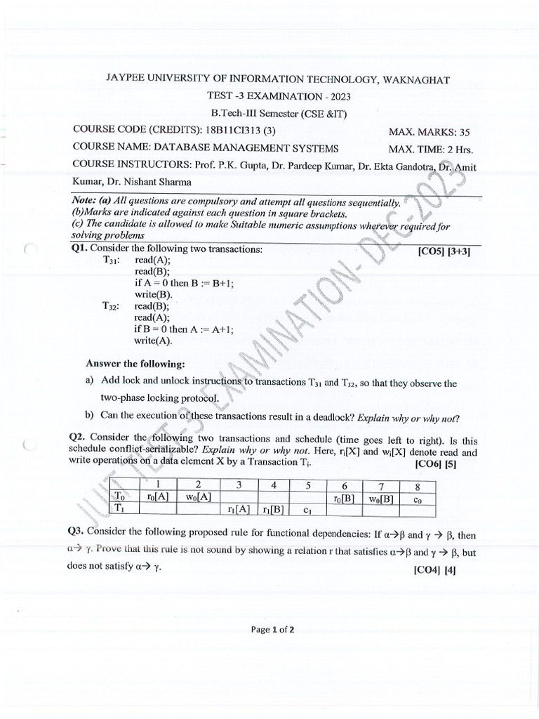 Database Management Systems (18B11CI313 T-3 December, 2023 (Sem-3) CSE ...