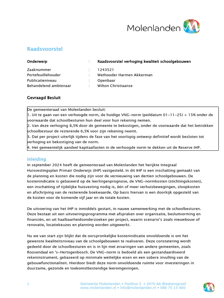 Raadsvoorstel Verhoging Kwaliteit en Kosten Schoolgebouwen | PDF