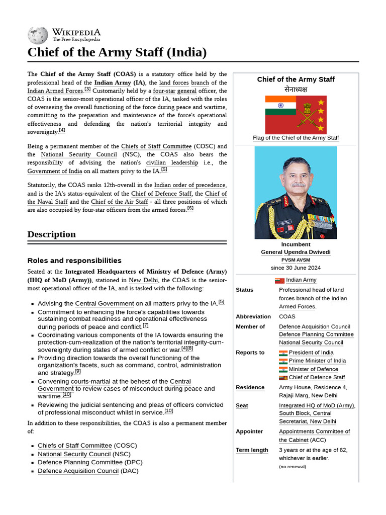 Chief of The Army Staff (India) | PDF | Military Organization ...