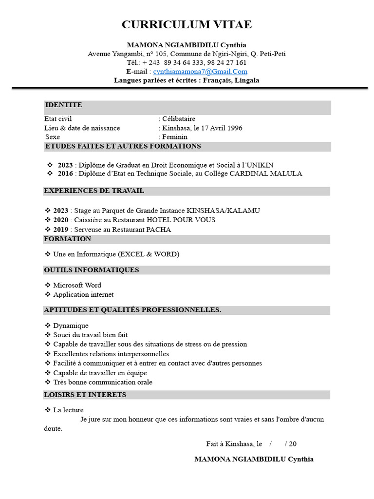 CV de Cynthia Mamona Ngiambidilu | PDF
