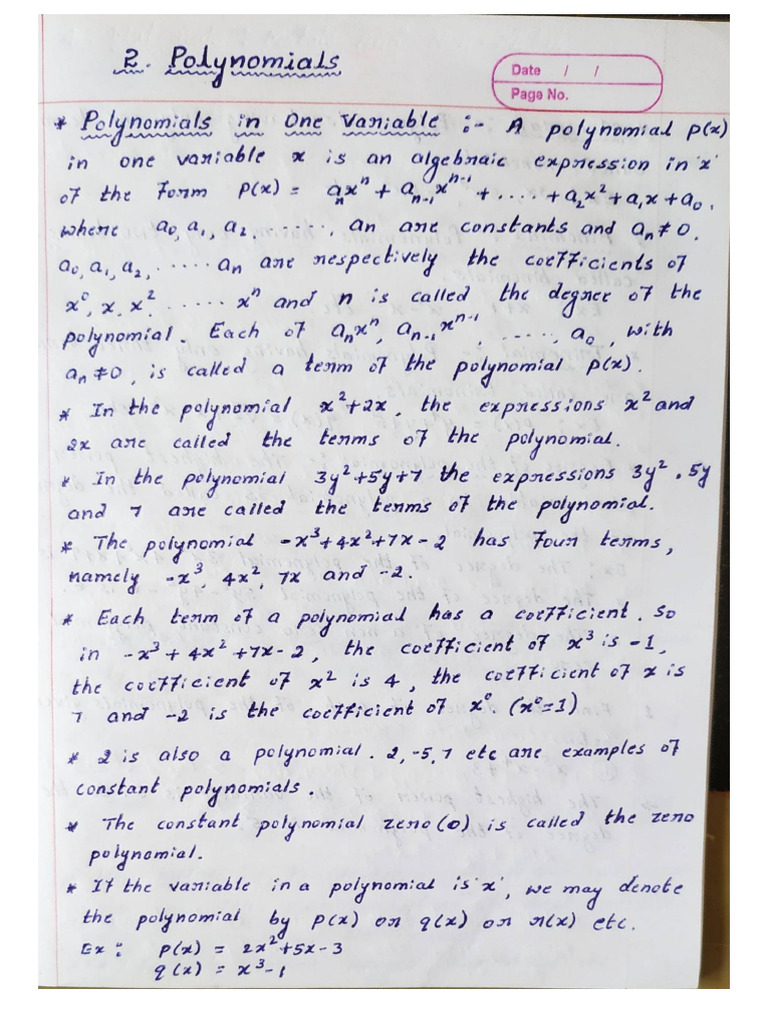 9th Maths Polynomials Notes | PDF