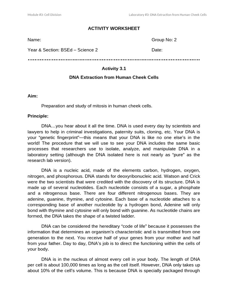 DNA Extraction from Cheek Cells Lab | PDF | Dna | Cell (Biology)