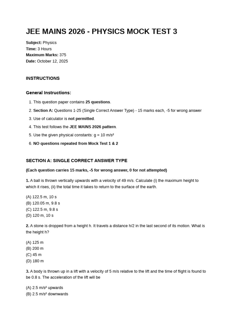 JEE Mains 2026 Physics Mock Test | PDF | Acceleration | Force