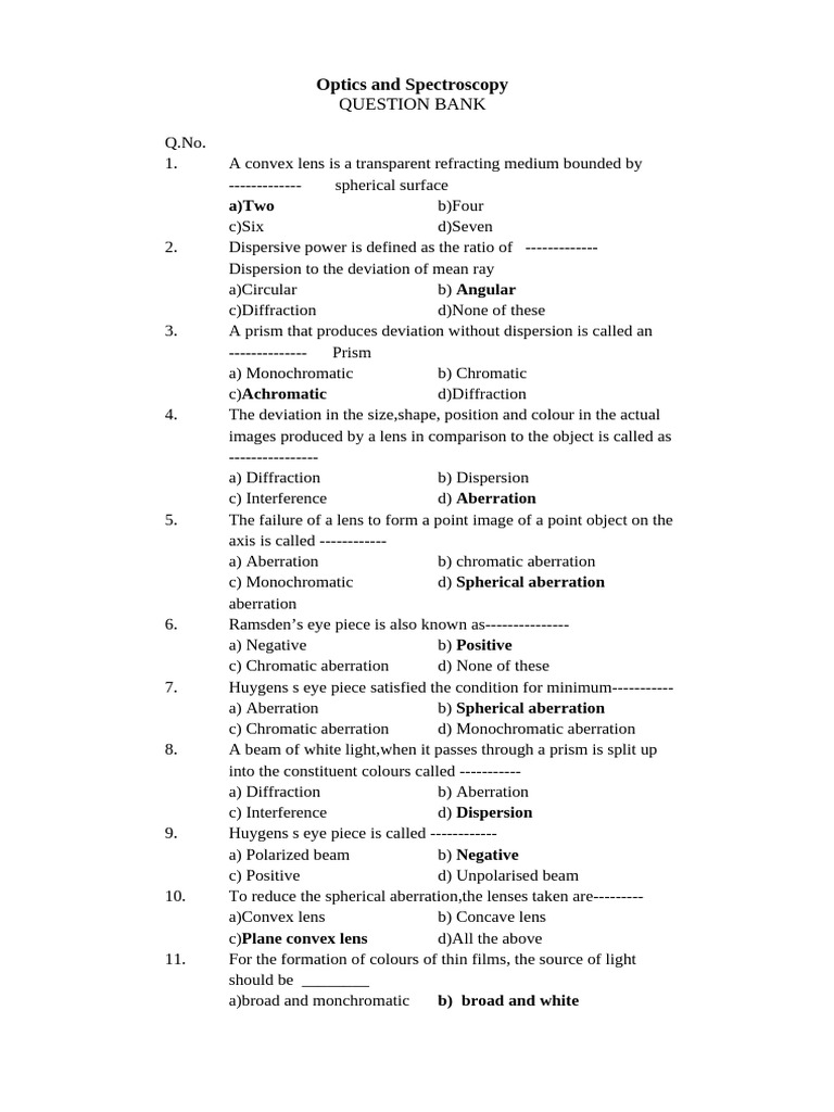 Optics and Spectroscopy Question Bank | PDF | Diffraction | Optics