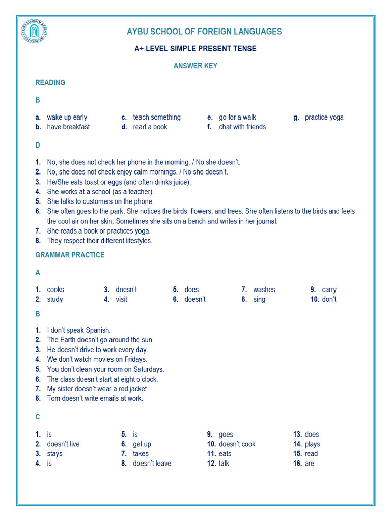 A+ Level Simple Present Tense Answer Key | PDF