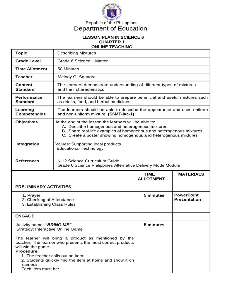 SCIENCE-LESSON-PLAN-FORMAT.-SQUADRA (1) | PDF | Mixture | Lesson Plan