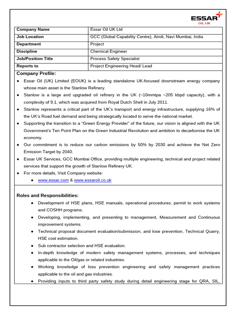 Essar UK Services - JD - Process Safety | PDF