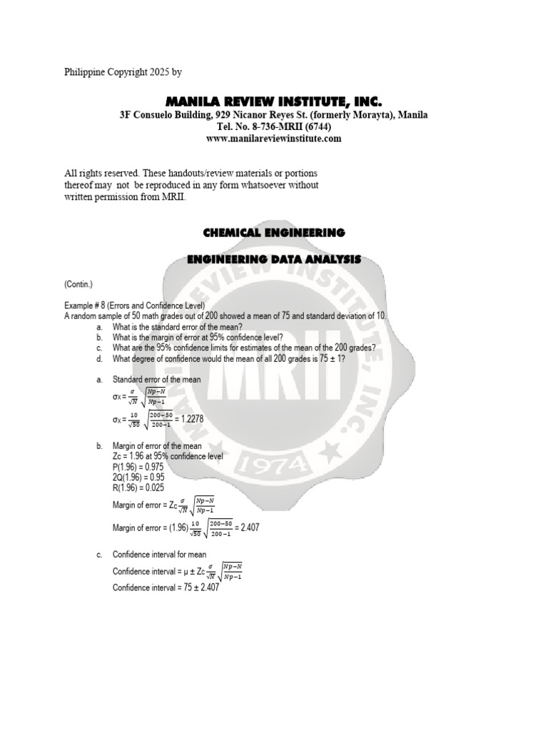 Engineering Data Analysis 1.1 Handout CONT | PDF | Margin Of Error ...