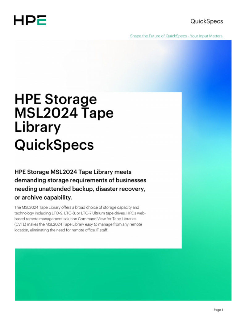 HPE Storage MSL2024 Tape Library QuickSpecs-A50009239enw | PDF | Computing | Computer Hardware