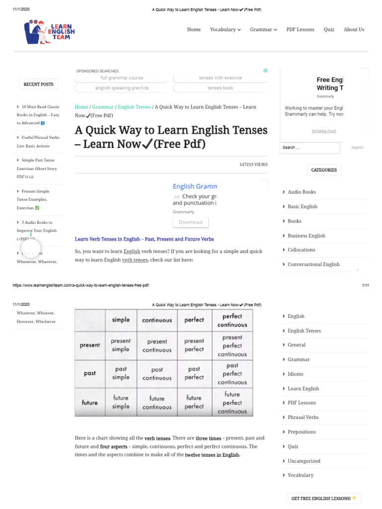 A Quick Way To Learn English Tenses - Learn Now (Free PDF | PDF ...