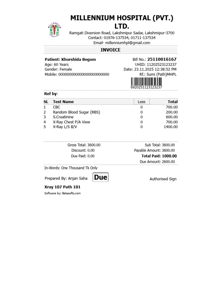 Millennium Hospital Invoice for Khurshida Begum | PDF
