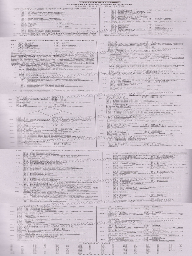 Past Paper 2017 FPSC Ministry of Defence Department Computer Operator ...