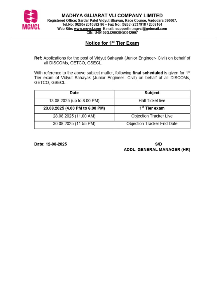 WEBSITE Notice for Final Schedule of 1st Tier Exam of JE CIVIL | PDF