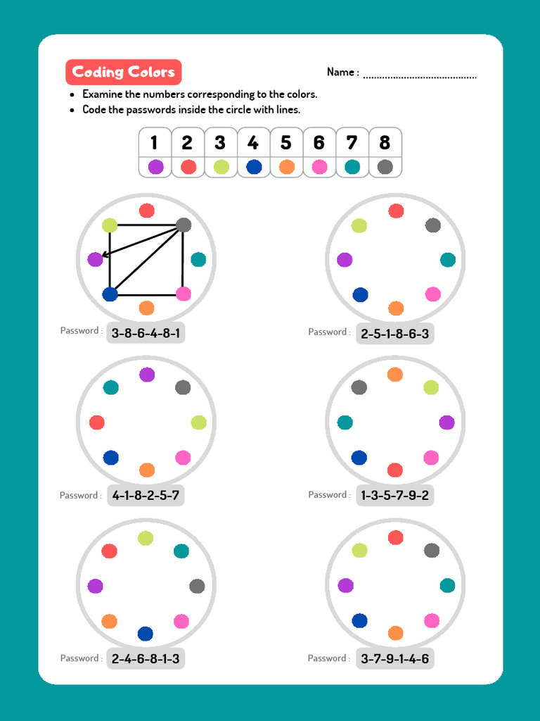 Coding Colors Worksheet Numbers Password Attention Increasing Algorithm Coding Primary School ...