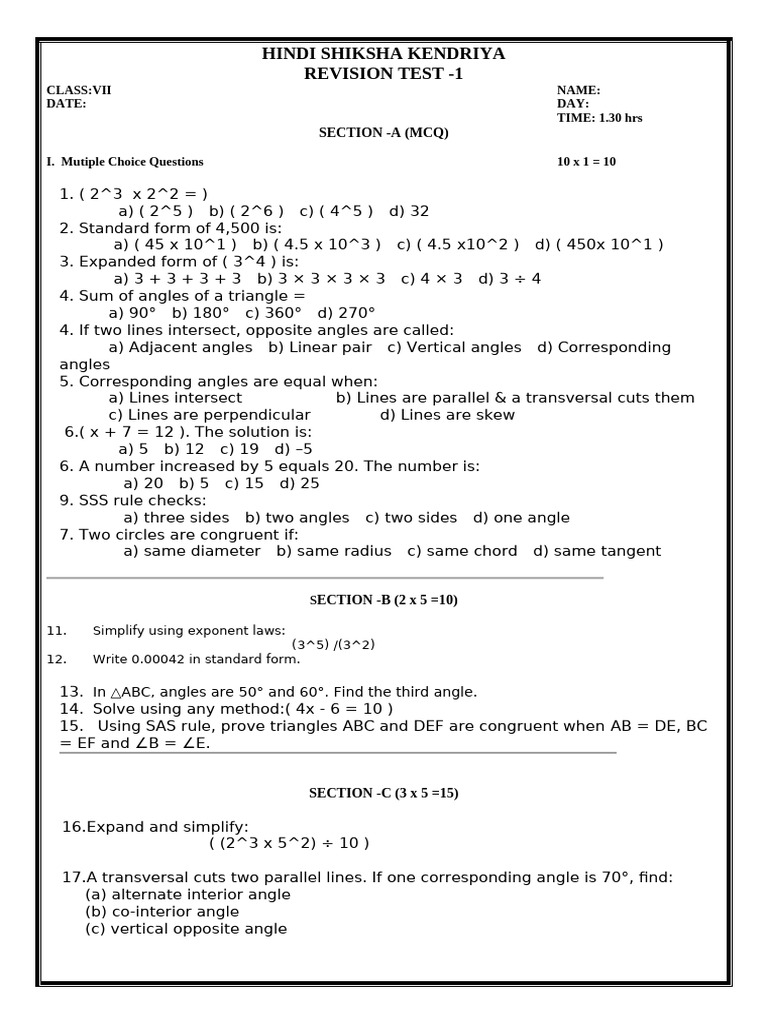 RT 1 QP (2) Hindi Shiksha Kendriya | PDF | Angle | Elementary Geometry