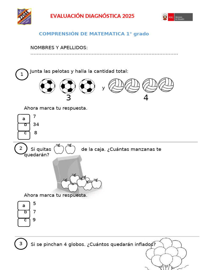 Evaluación Diagnóstica Matemática 1° Grado | PDF