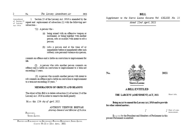 The Larceny (Amendment) Act 2021 | PDF | Robbery | Public Law