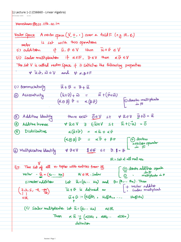 CS6660 Linear Algebra Handouts Lecture 1-5.PDF-1 | PDF
