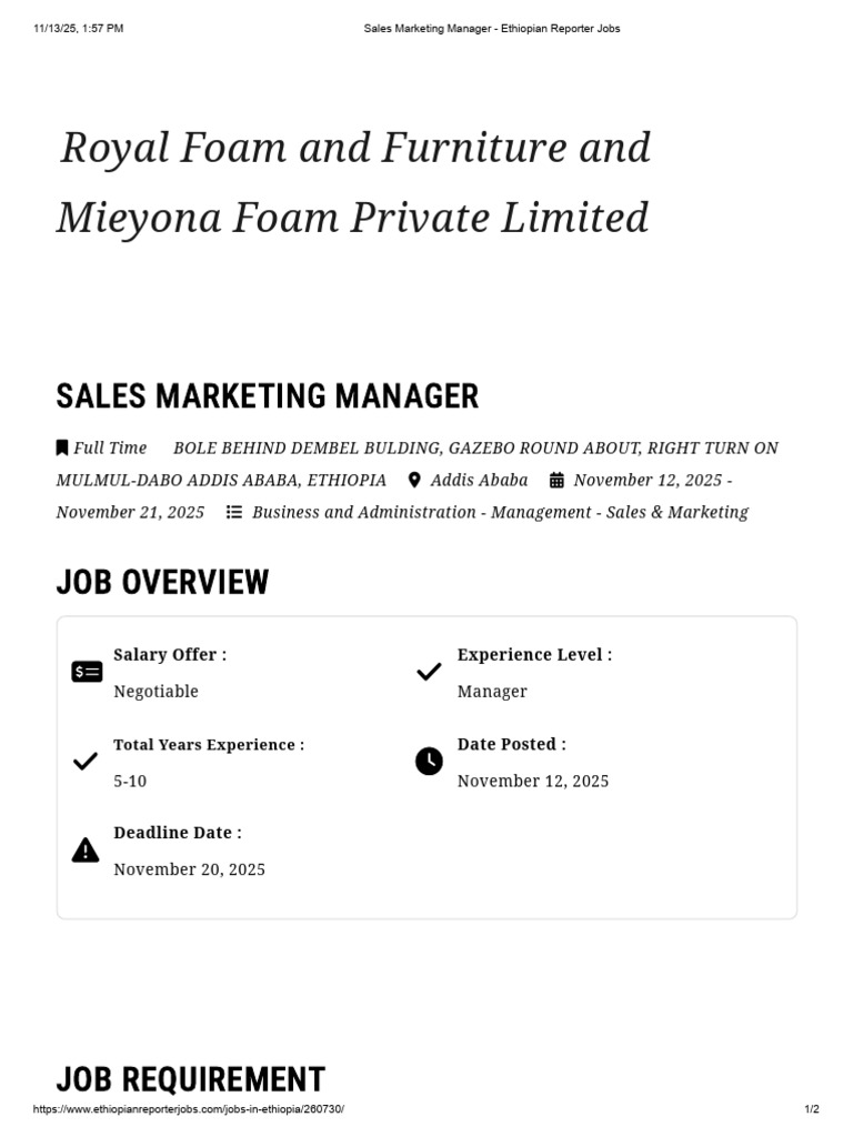 ROYAL FOAM Sales Marketing Manager - Ethiopian Reporter Jobs | PDF