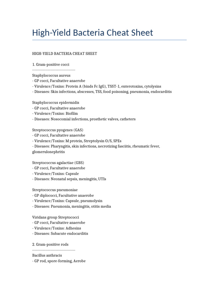 High Yield Bacteria Cheat Sheet | PDF | Streptococcus | Microbiology