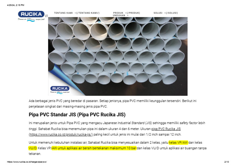 Jenis dan Harga Pipa PVC Rucika JIS | PDF