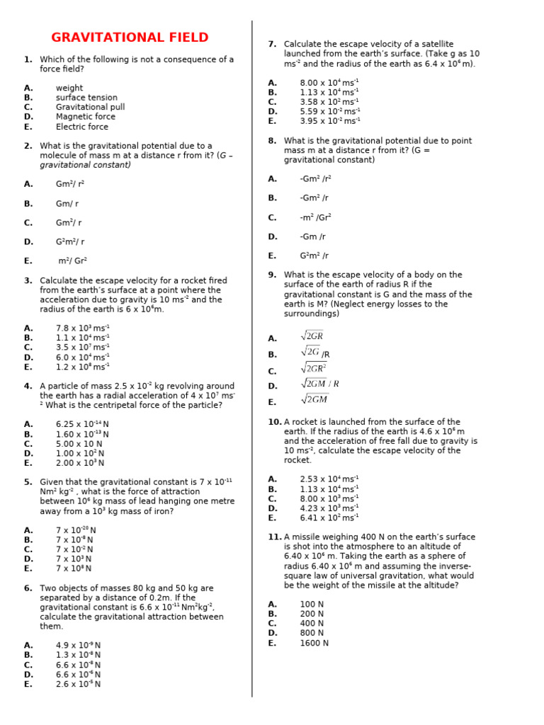 Gravitational Field Concepts and Calculations | PDF | Force | Mass