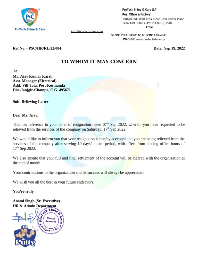 Relieving Letter Ajay Karsh | PDF