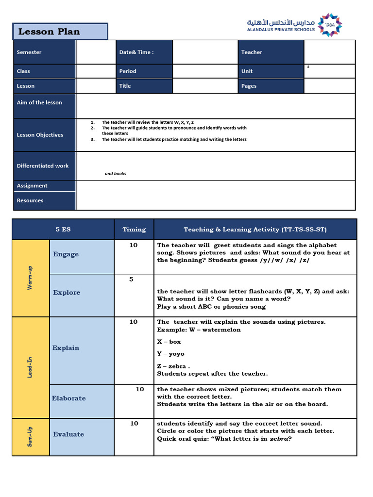 Lesson Plan: Letters W, X, Y, Z | PDF | Phonics | Pedagogy