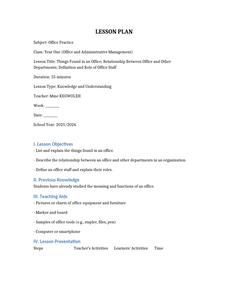 Office Lesson Things Relationship Staff Year1 | PDF | Teachers | Desk