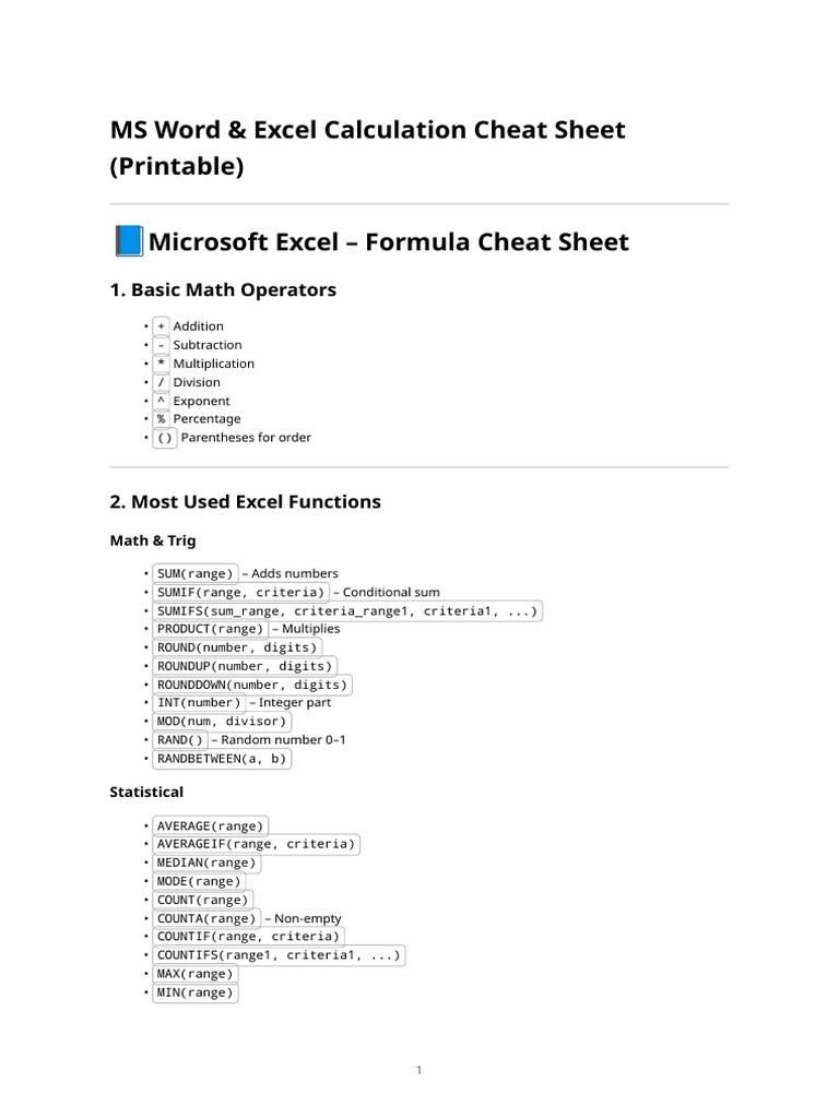 Excel Word Cheatsheet | PDF | Multiplication | Anonymous Function
