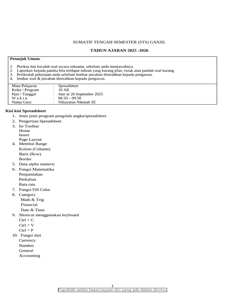 Soal STS Spreadsheet Kelas 10 AK 2025 | PDF