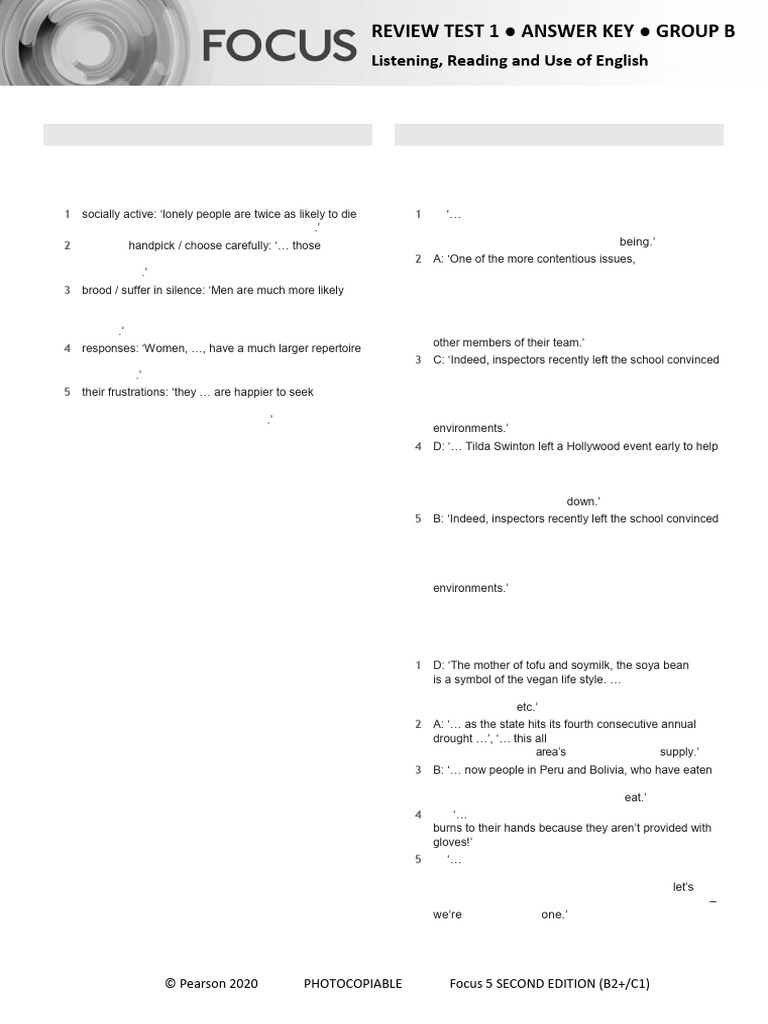 Focus 5 Review Test 1 Answer Key | PDF | Soybean | Sentence (Linguistics)